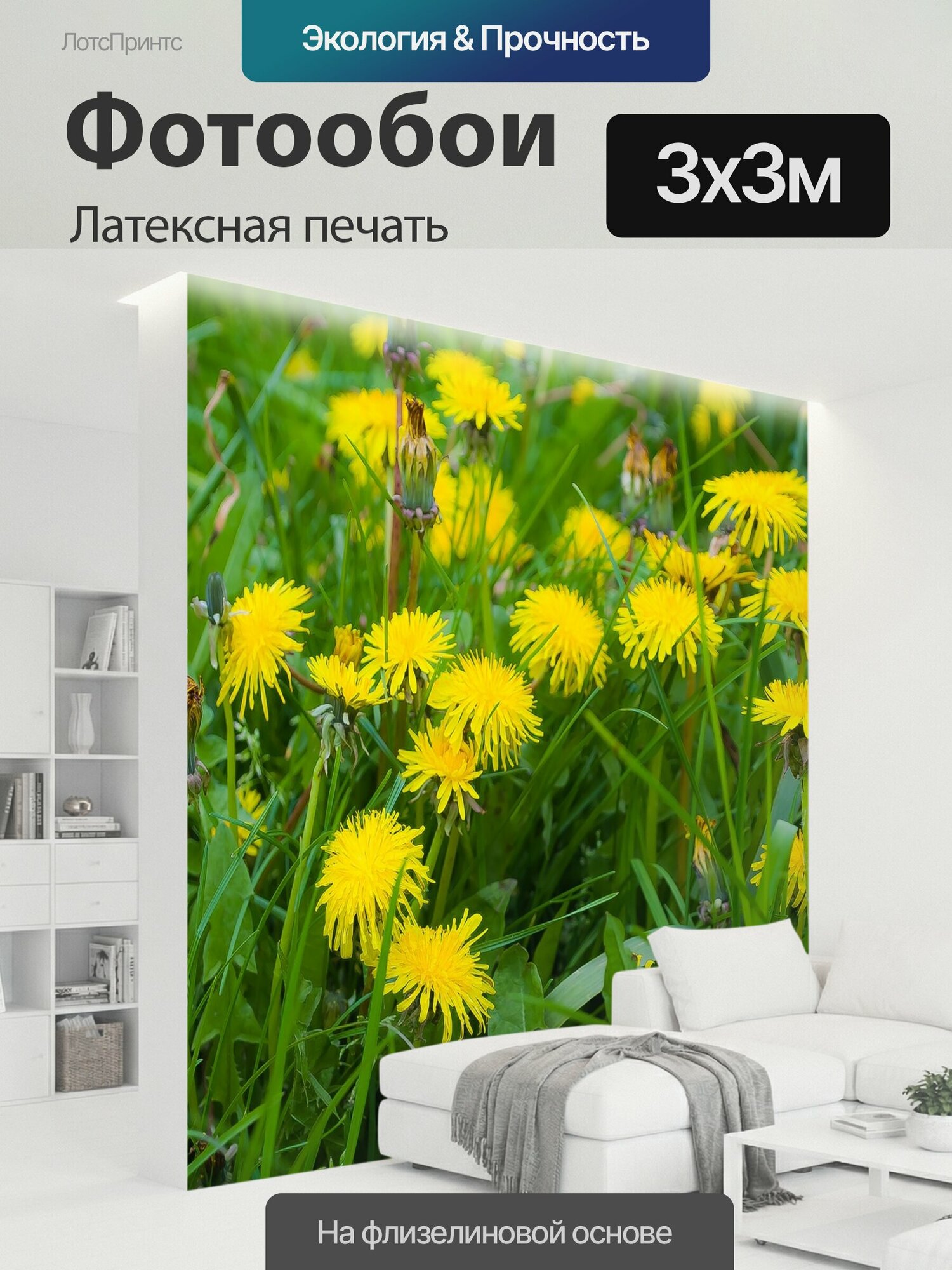 Фотообои моющиеся ударопрочные "Одуванчик, одуванчики, пух" 300x300 см. латексная печать