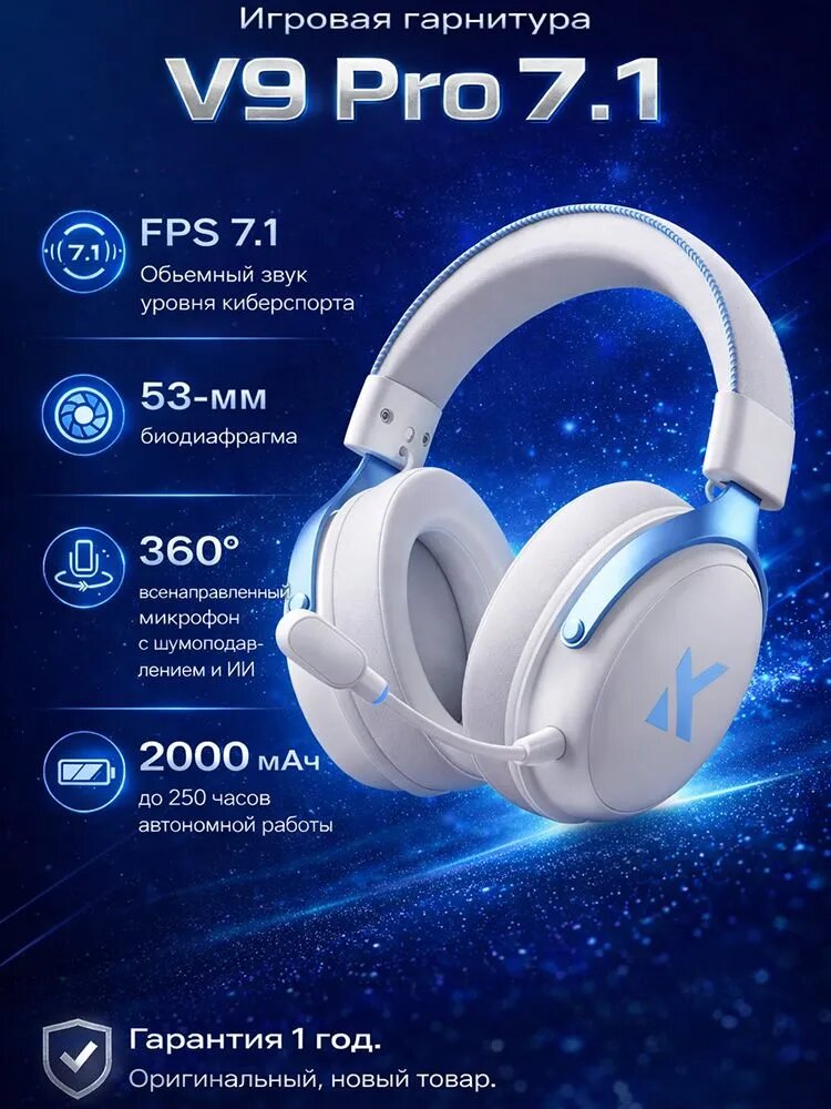 MCHOSE Наушники с микрофоном Mchose V9 PRO, Bluetooth, белый, голубой