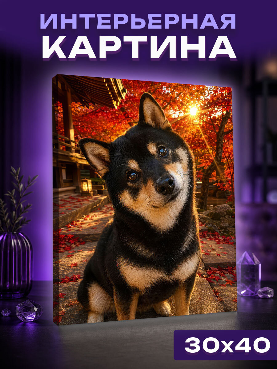 Интерьерная картина Сиба-ину в саду Киото среди кленов