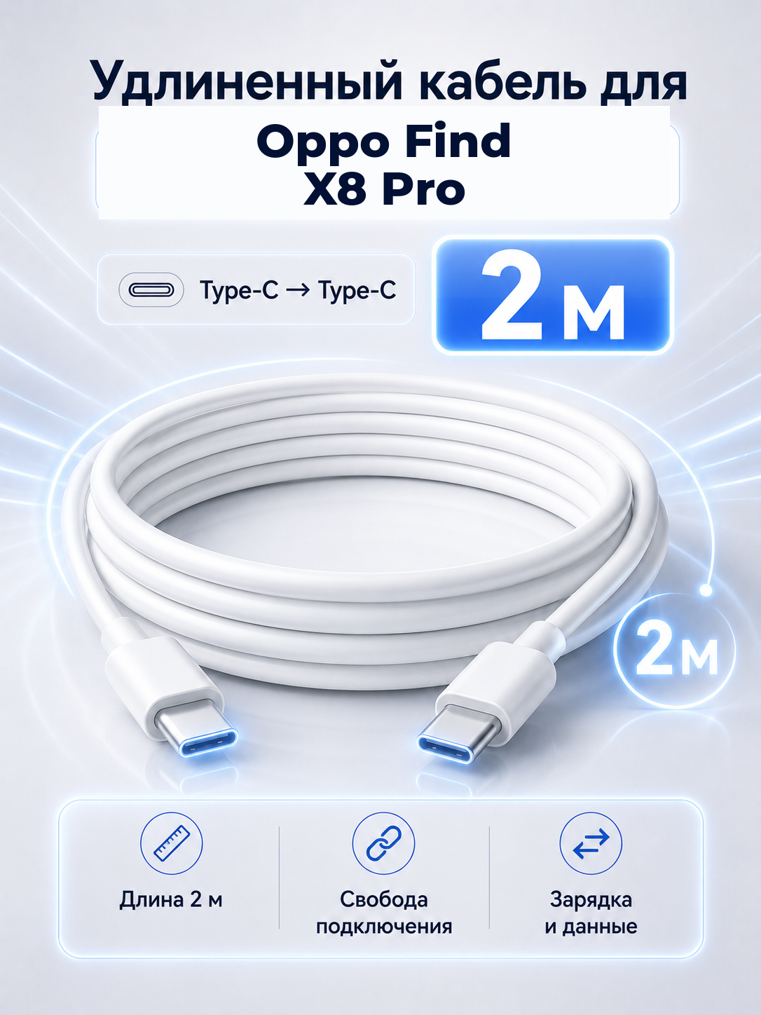 Удлиненный кабель для Oppo Find X8 Pro Type-C на Type-C, 2 м