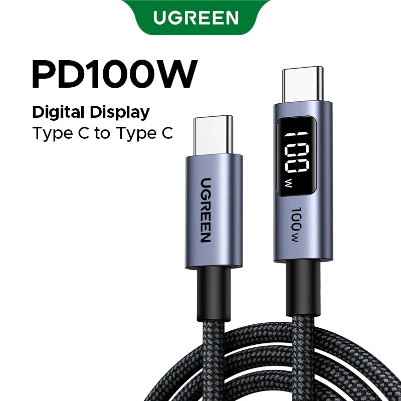Кабель UGREEN PD100W USB-C с цифровым дисплеем заряда, быстрая зарядка (W/V/A) для ноутбуков, MacBook Air, iPhone 17, Samsung S25, iPad