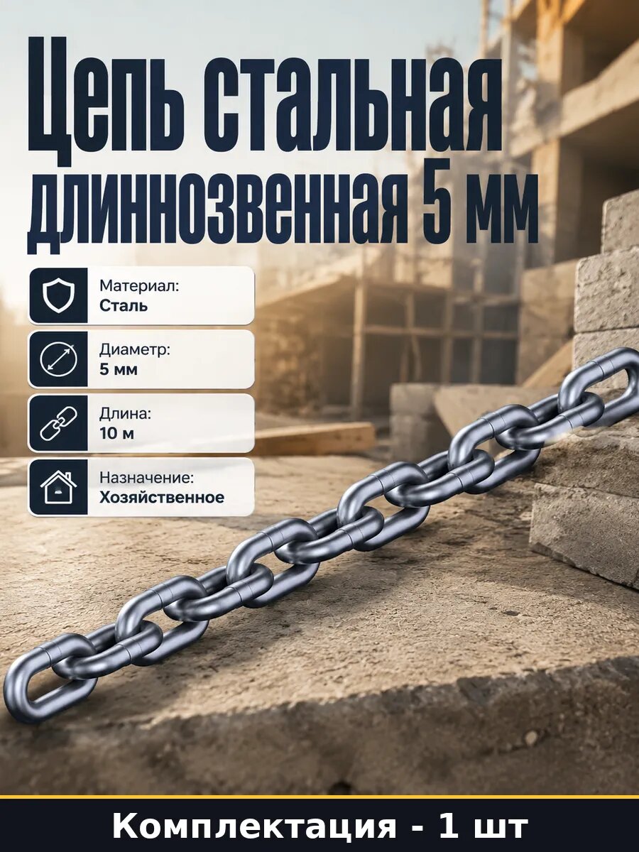 Цепь стальная длиннозвенная 5 мм 10 метров хозяйственная