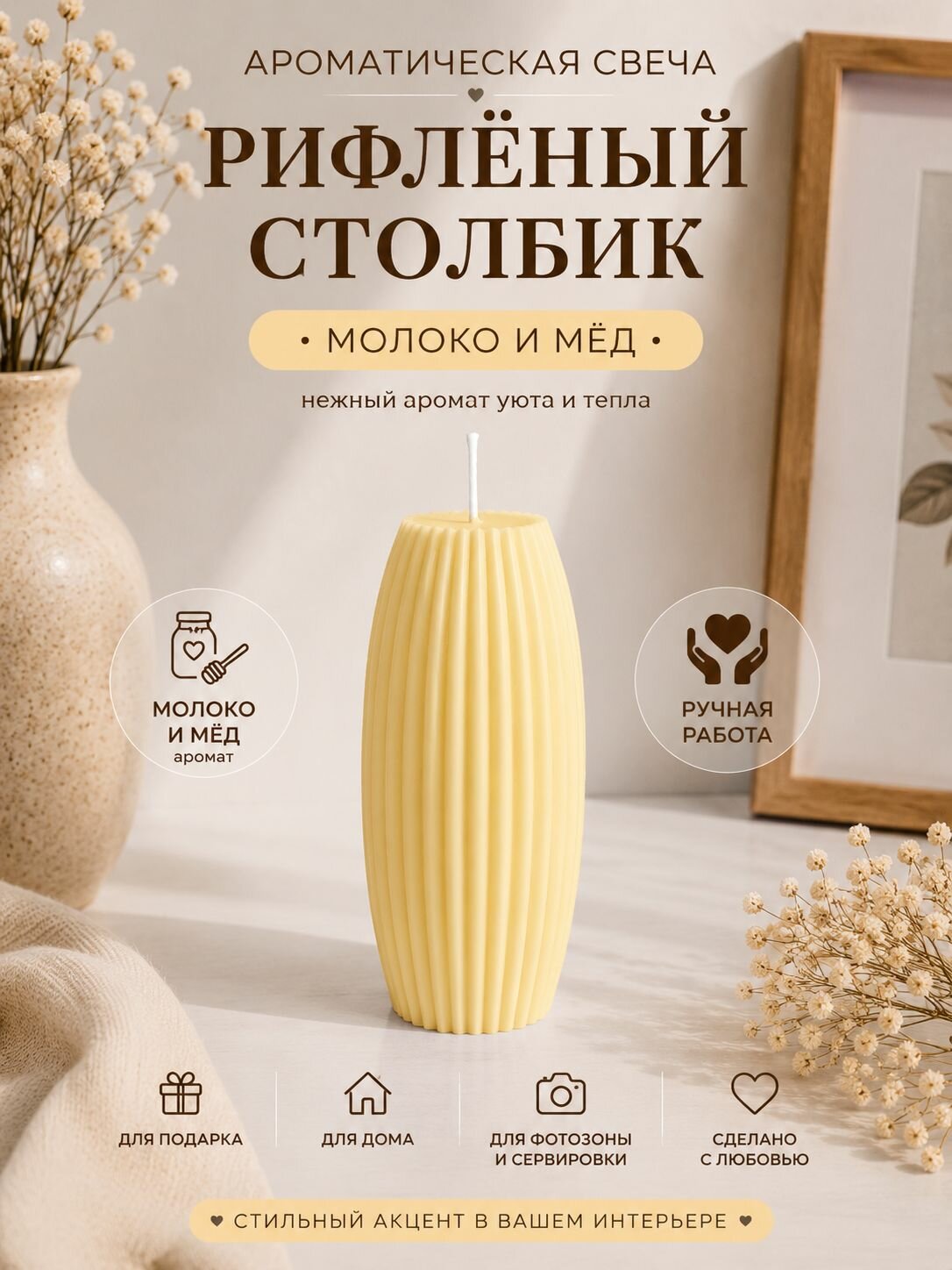 Ароматическая свеча Рифленый столбик, Молоко и мед, 4х10 см, желтый