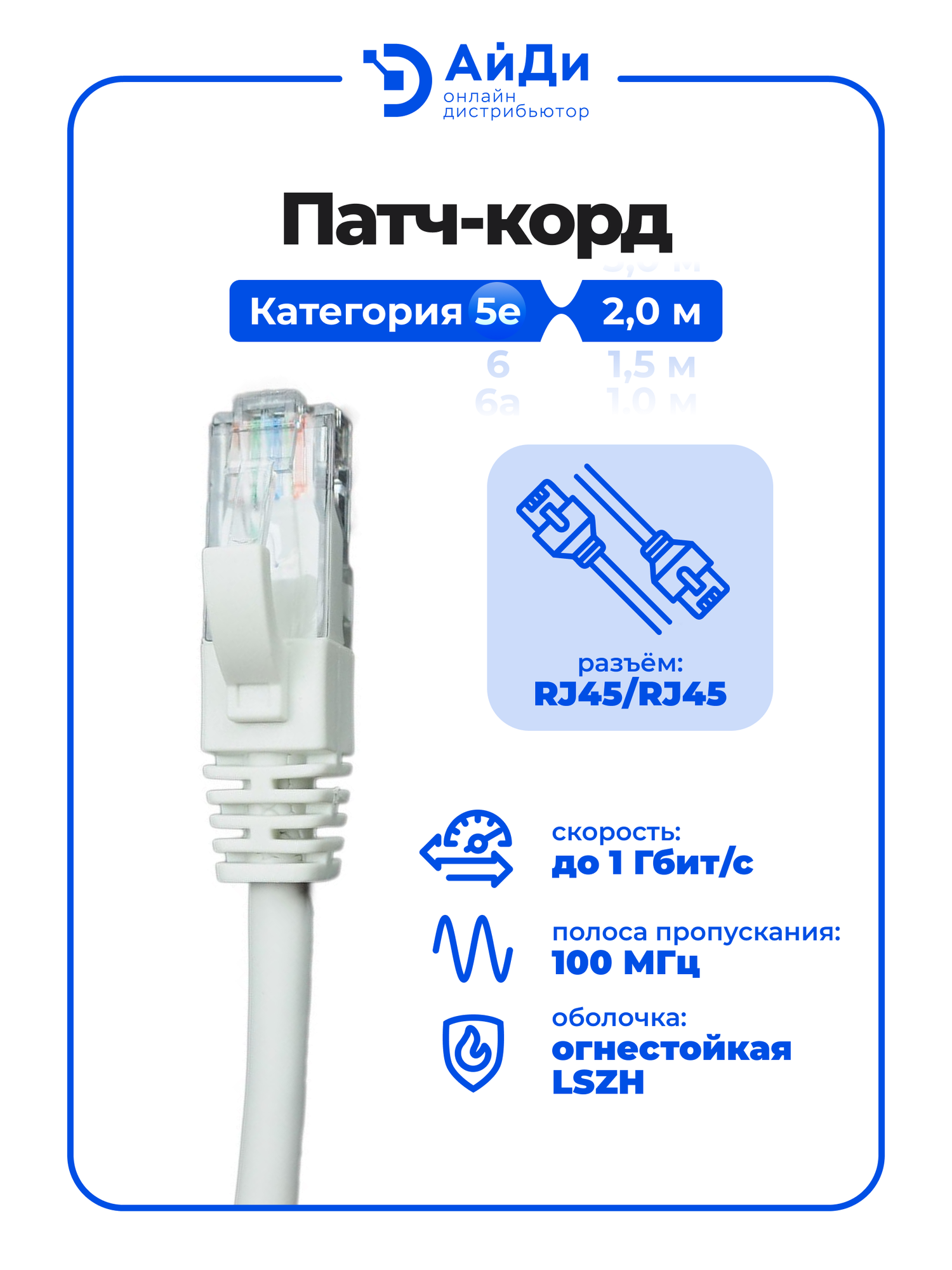 Интернет-кабель, категория 5е, неэкранированный, U/UTP, RJ45-RJ45, 100 МГц LSZH, AWG24 2м, белый
