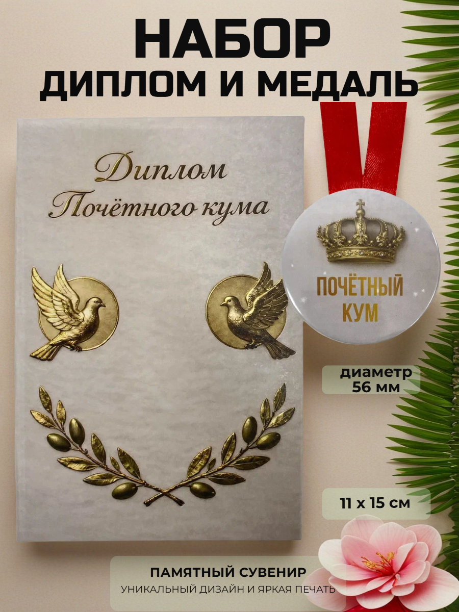 Шуточный диплом открытка "Почетного Кума" и сувенирная медаль с атласной лентой, подарочный набор