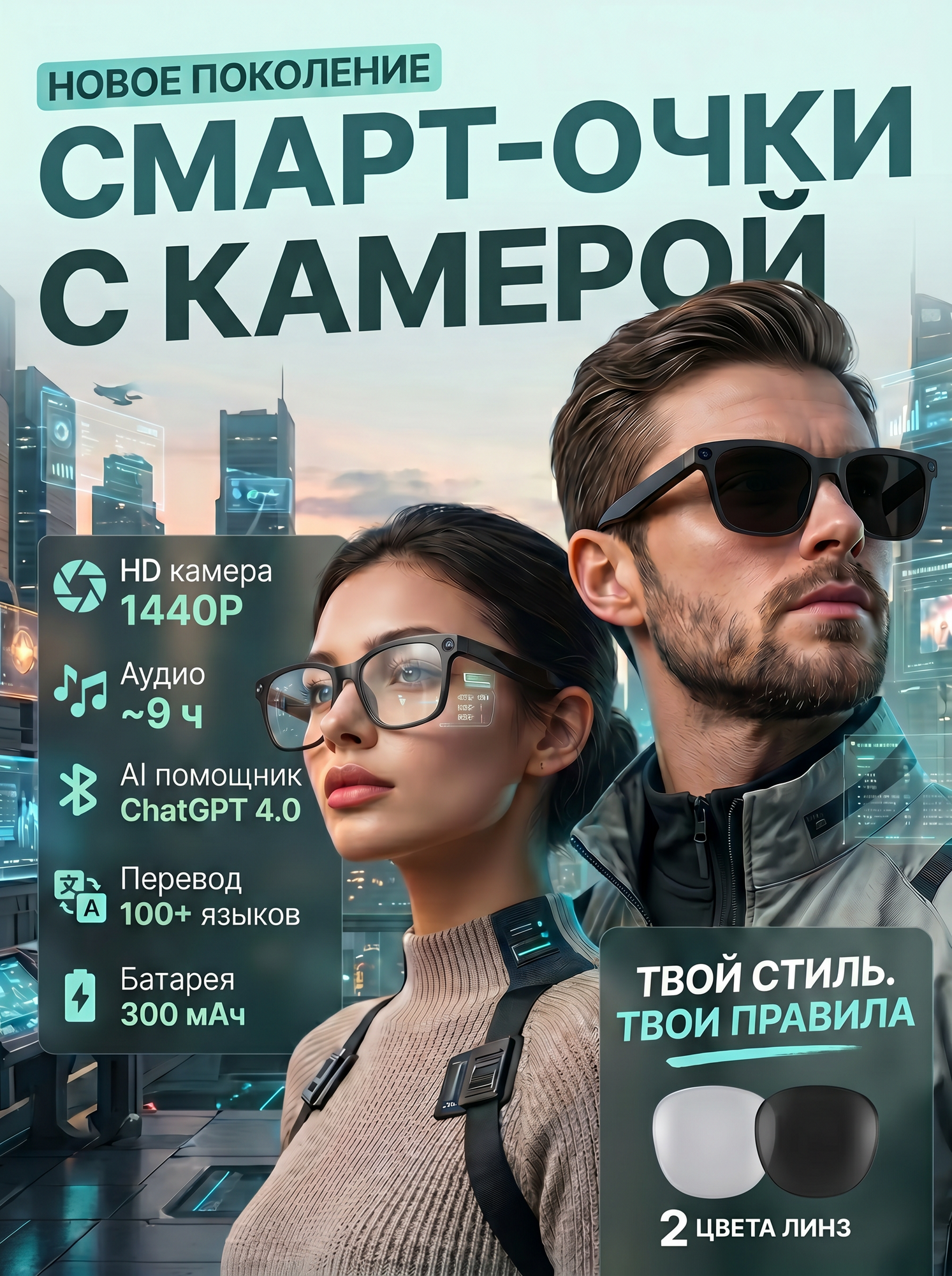 Умные смарт очки с камерой CY03, 12 MP, сенсорная регулировка громкости, Bluetooth/Wi-Fi, черные