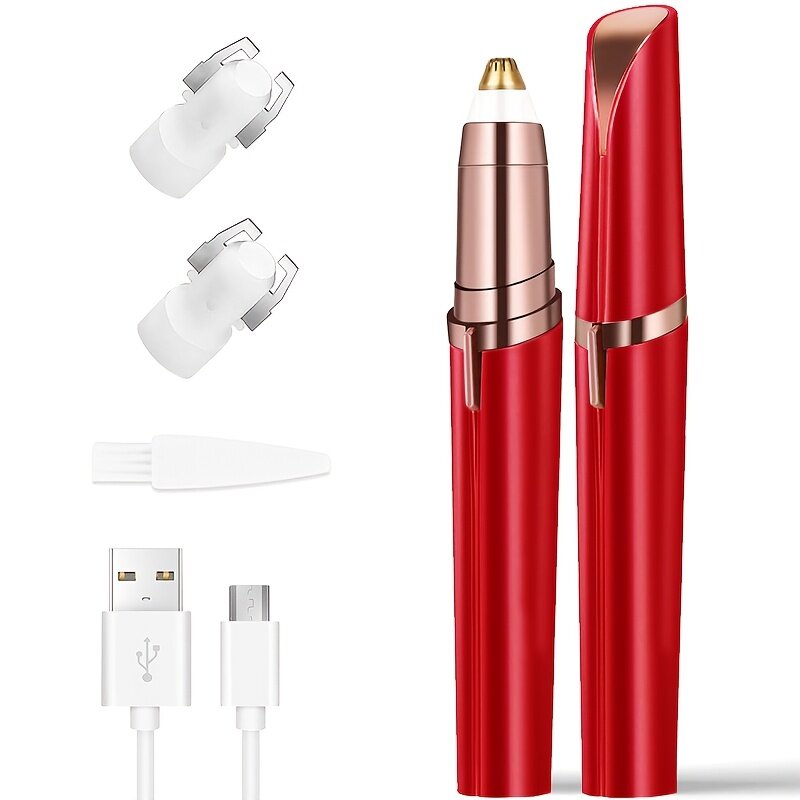 Электрический триммер для бритья портативный со 3 сменными головками и USB-зарядкой, с одной кнопкой включения, для бровей, подмышек, рук и ног, красный цвет