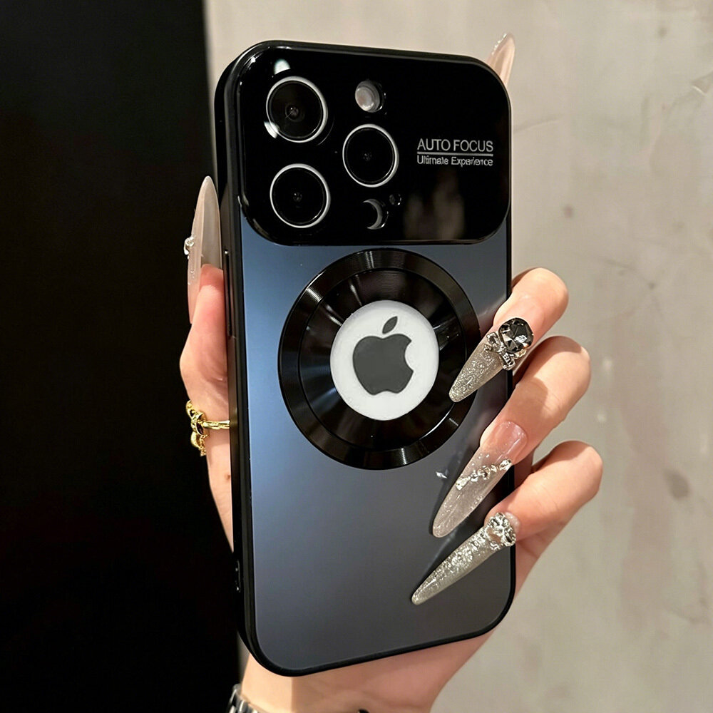 Чехол для iPhone 14 Pro, черный, с магнитным креплением для беспроводной зарядки, стеклянным окном, ударопрочный, матовый жесткий задник, полная защита объектива камеры