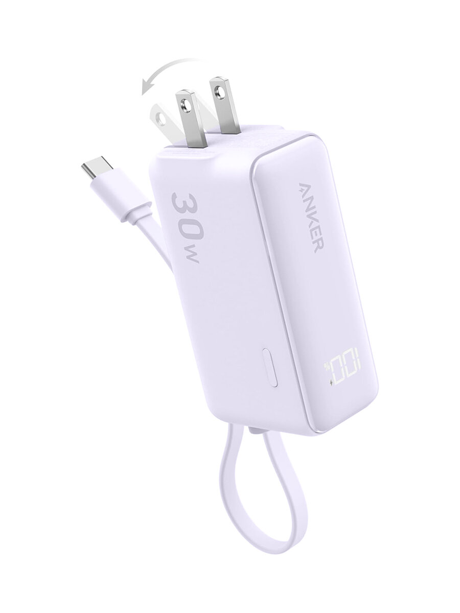 Anker 3-in-1 Power Bank (30W Fusion Built-In USB-C Cable) A1636, фиолетовый, портативное зарядное устройство