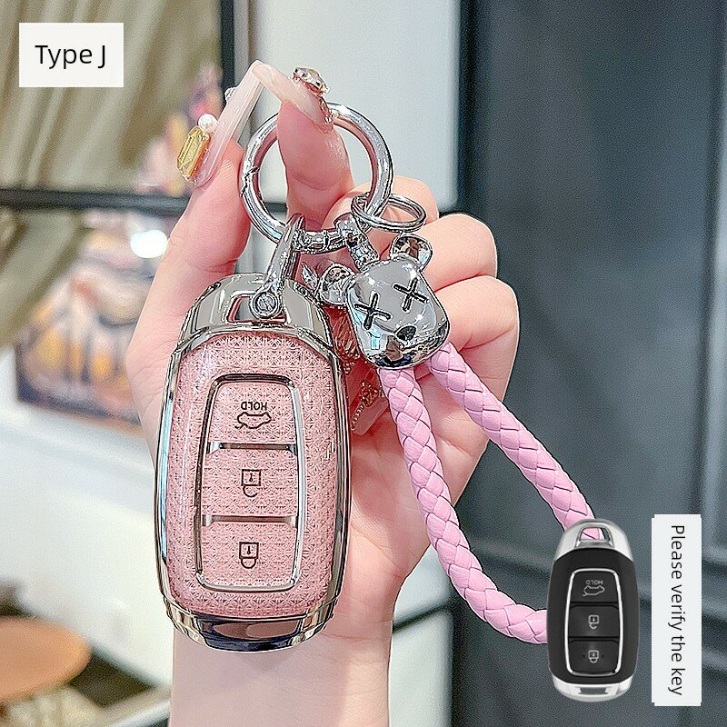 Кейс для ключа Hyundai J Series Smart 3-Key кристалл розовый с веревочной лентой, модный дизайн для авто Hyundai