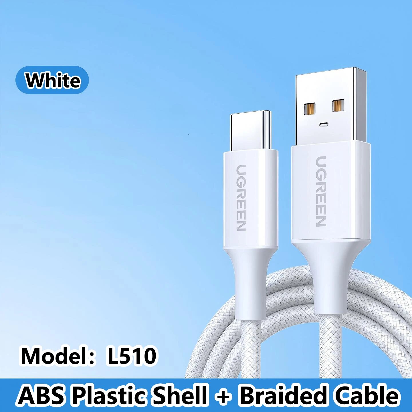 Кабель UGREEN Type C - USB, плетеный, 3A, для зарядки и передачи данных, 0,5 м, ABS Braided White