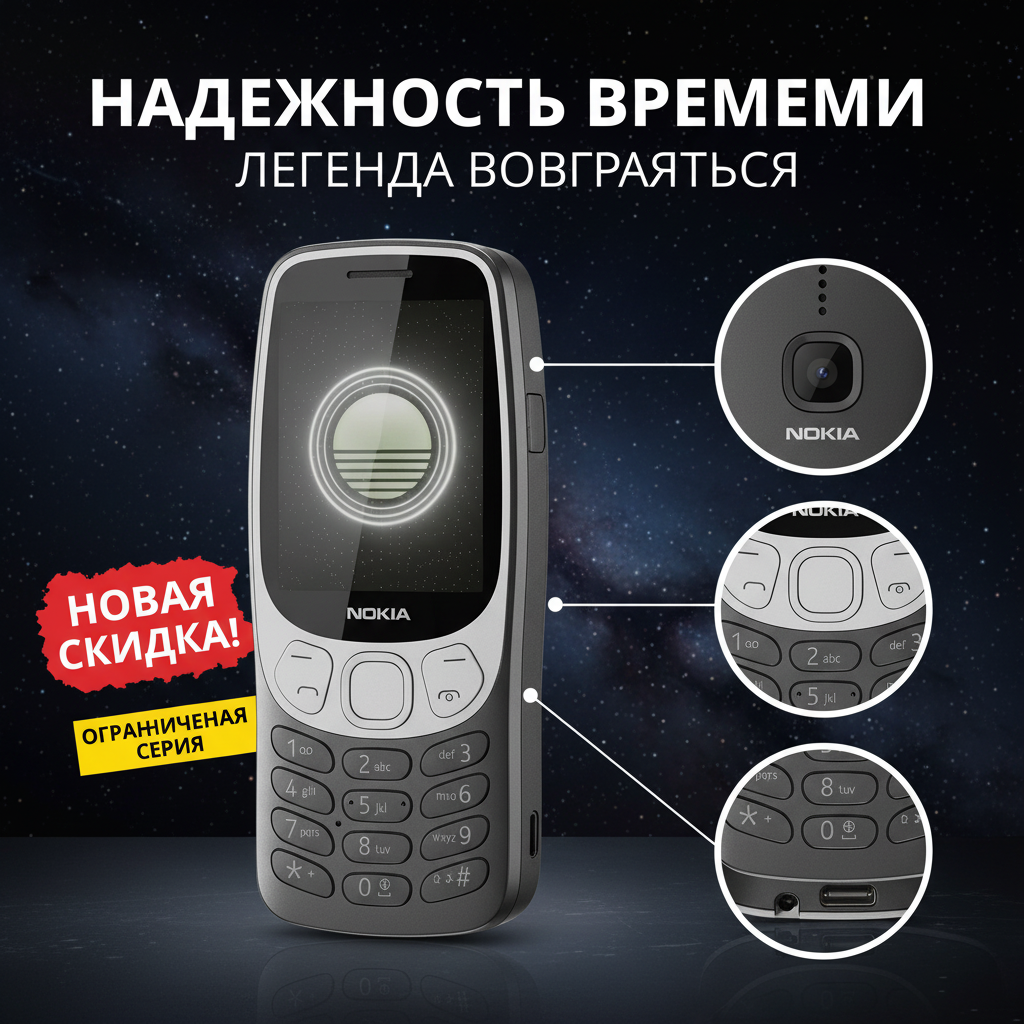 Кнопочный телефон NOKIA 3210 4G, Dual Sim, EAC, черный (TA-1618)