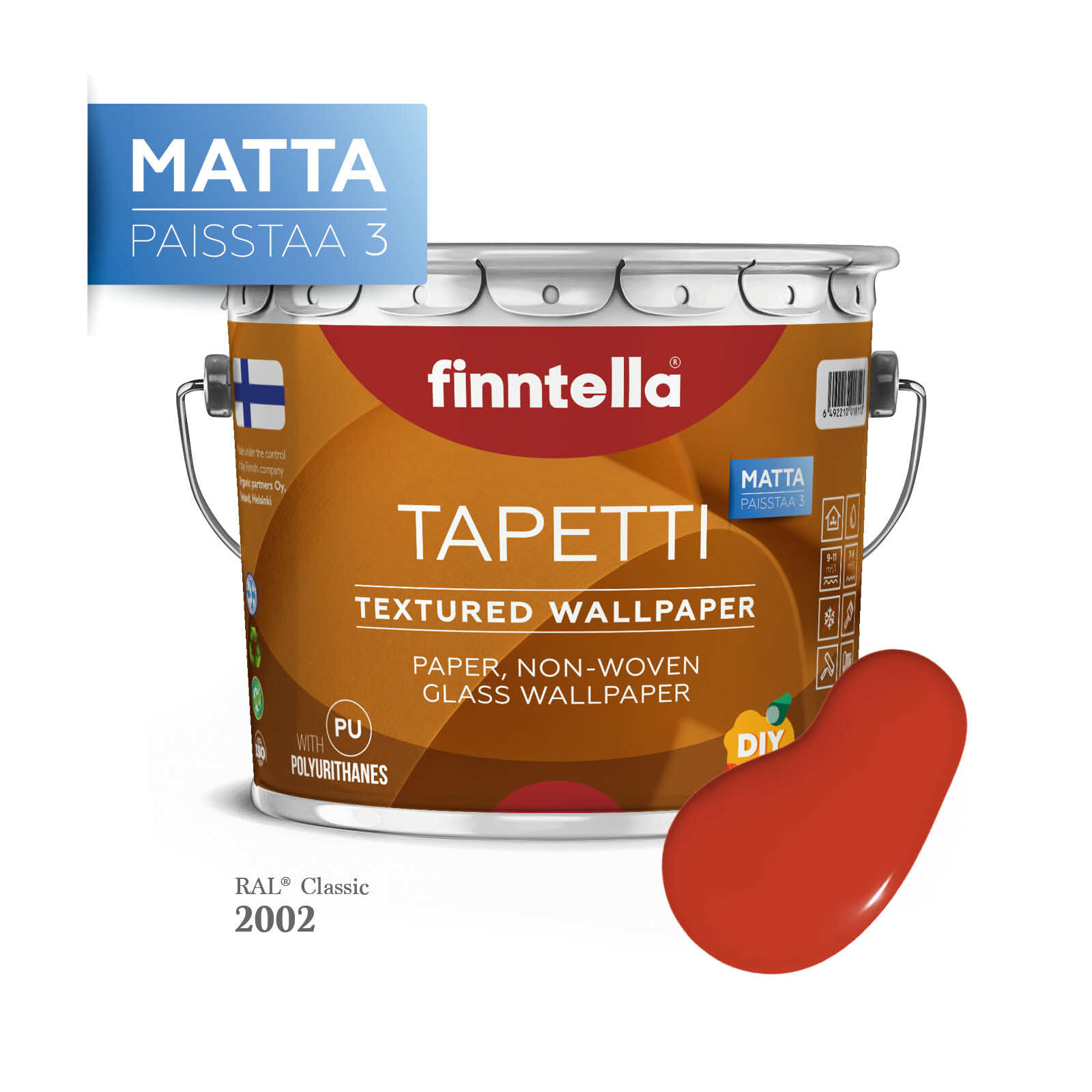 Матовая краска для обоев под окраску TAPETTI Matta FINNTELLA, Цвет RAL 2002 Алый (Vermilion), 2,7л