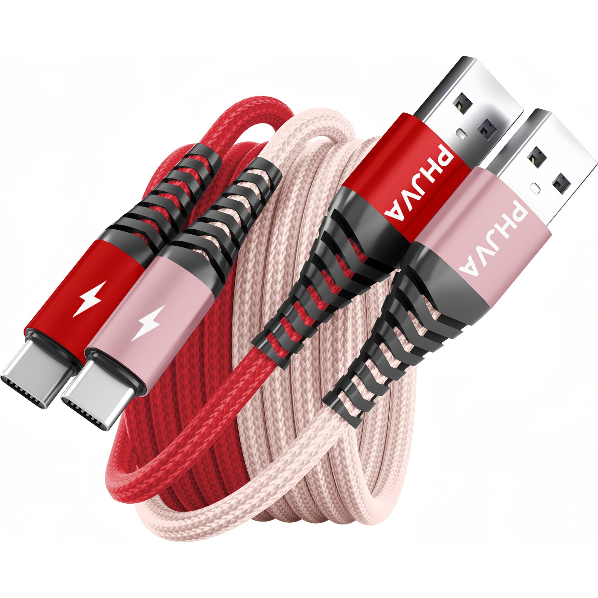 Кабель Type-C быстрой зарядки 2 шт, прочный нейлоновый плетеный, высокая скорость передачи данных, длина 2 м, цвет красный + розовое золото, для Samsung, Xiaomi, Redmi, Oppo, Oneplus и других смартфонов, для iPhone 15/16/17 серии