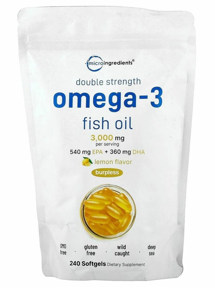 Micro Ingredients, рыбий жир с омега-3, лимон, 240 капсул (1000 мг в 1 капсуле)