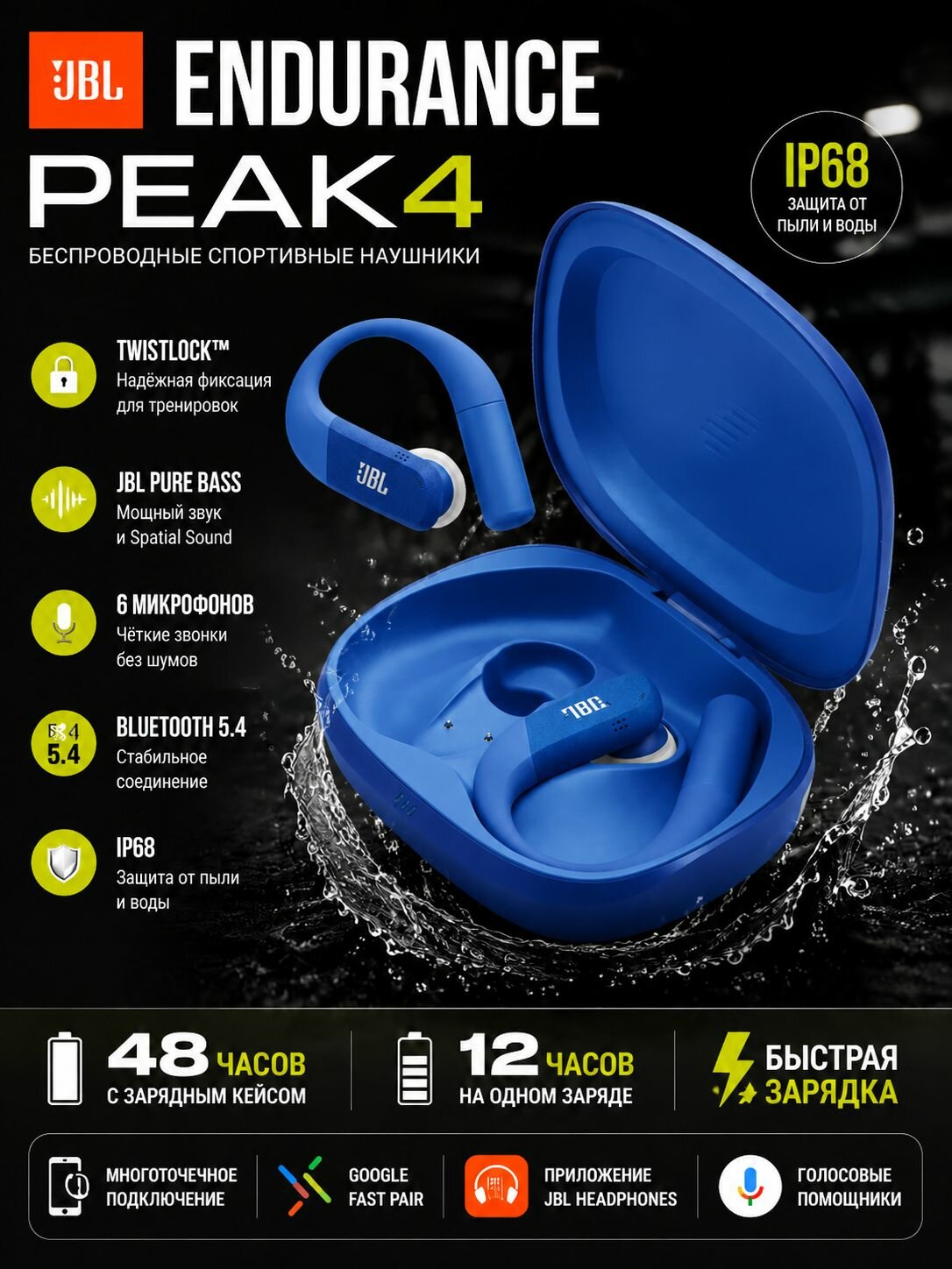 JBL Endurance Peak4 беспроводные спортивные наушники TWS Bluetooth 5.4 IP68 с зарядным кейсом