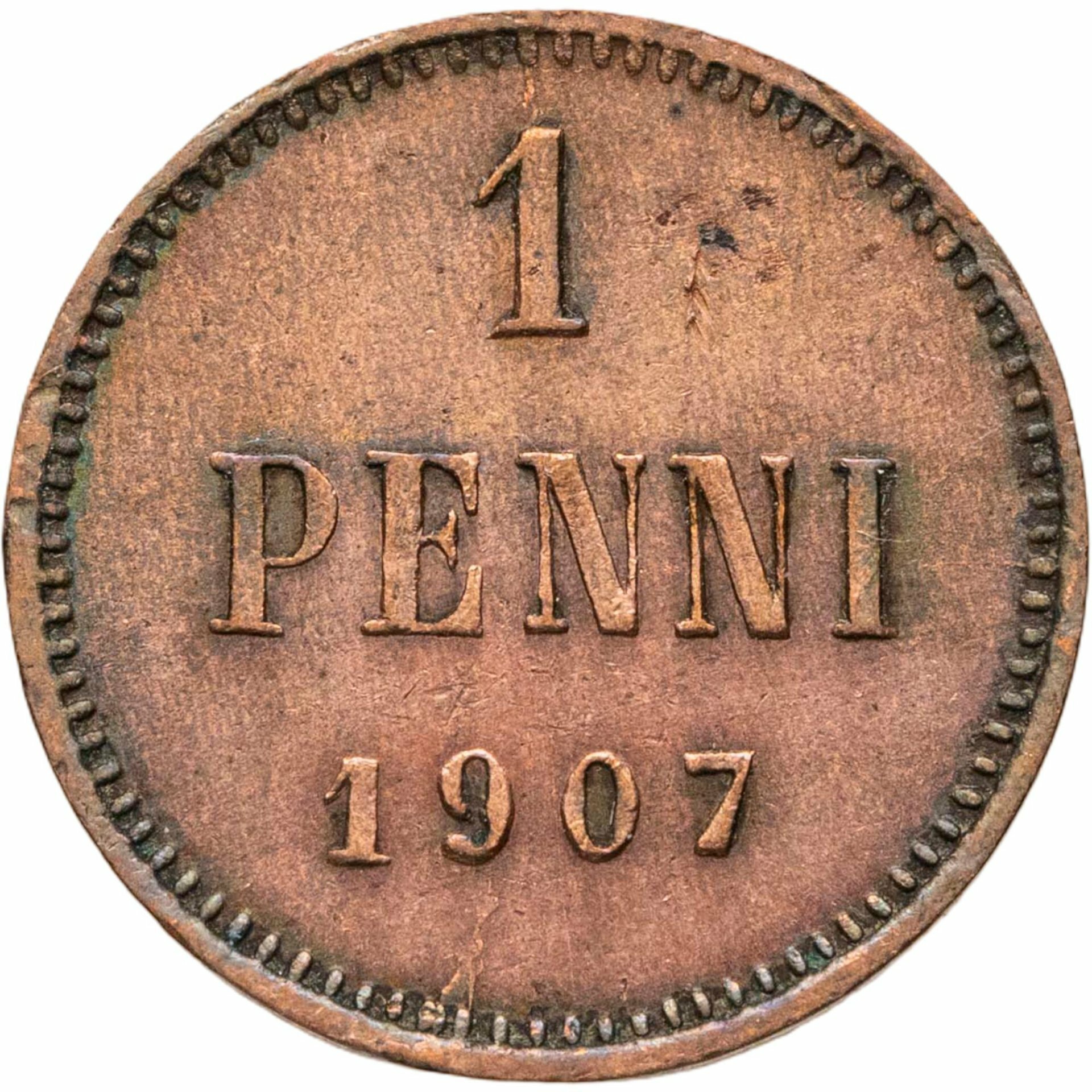 1 пенни penny 1907, монета для Финляндии, Медь, в сохранности VF