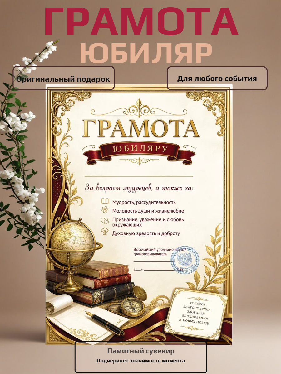 Грамота Филькина грамота "Юбиляр", формат А4, 21x30 см, для мужчин, картон