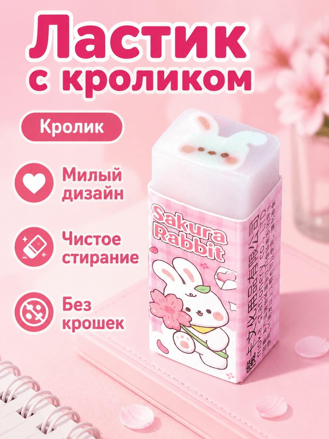 Ластик-сэндвич с мультяшным рисунком внутри: кролик, прозрачный корпус, для точного стирания прозрачный ластик с рисунком кролика точное стирание