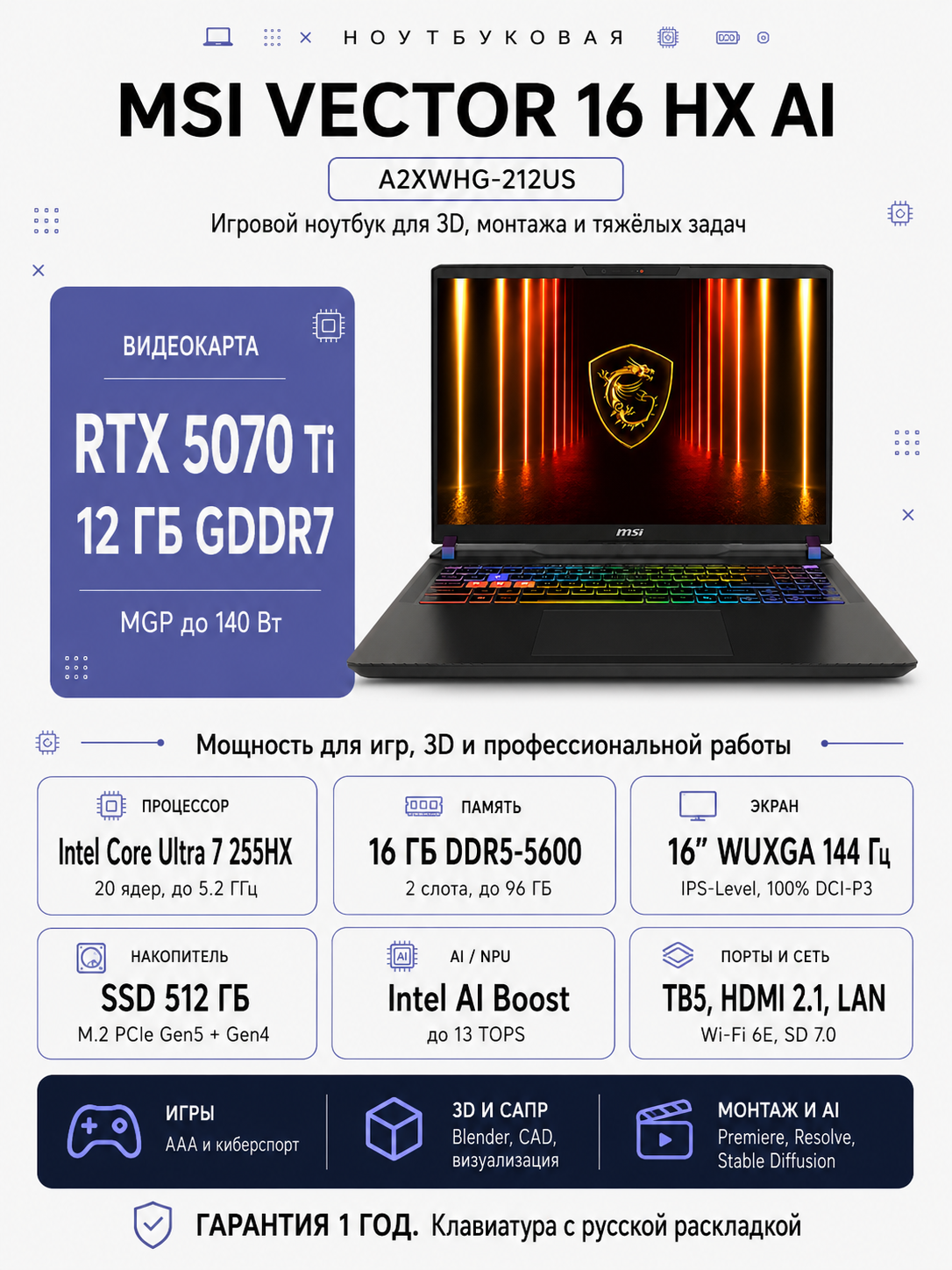 Игровой ноутбук MSI Vector 16 HX AI (Ultra 7, 16 ГБ, 512 ГБ, RTX 5070 Ti, 144 Гц, Win 11) Серый