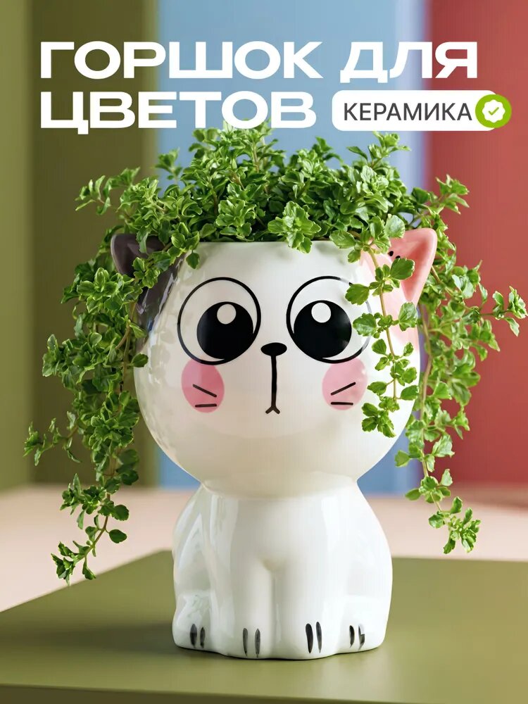 Кашпо керамическое Котик №1 для кактусов и суккулентов, мини горшок Кот для цветов