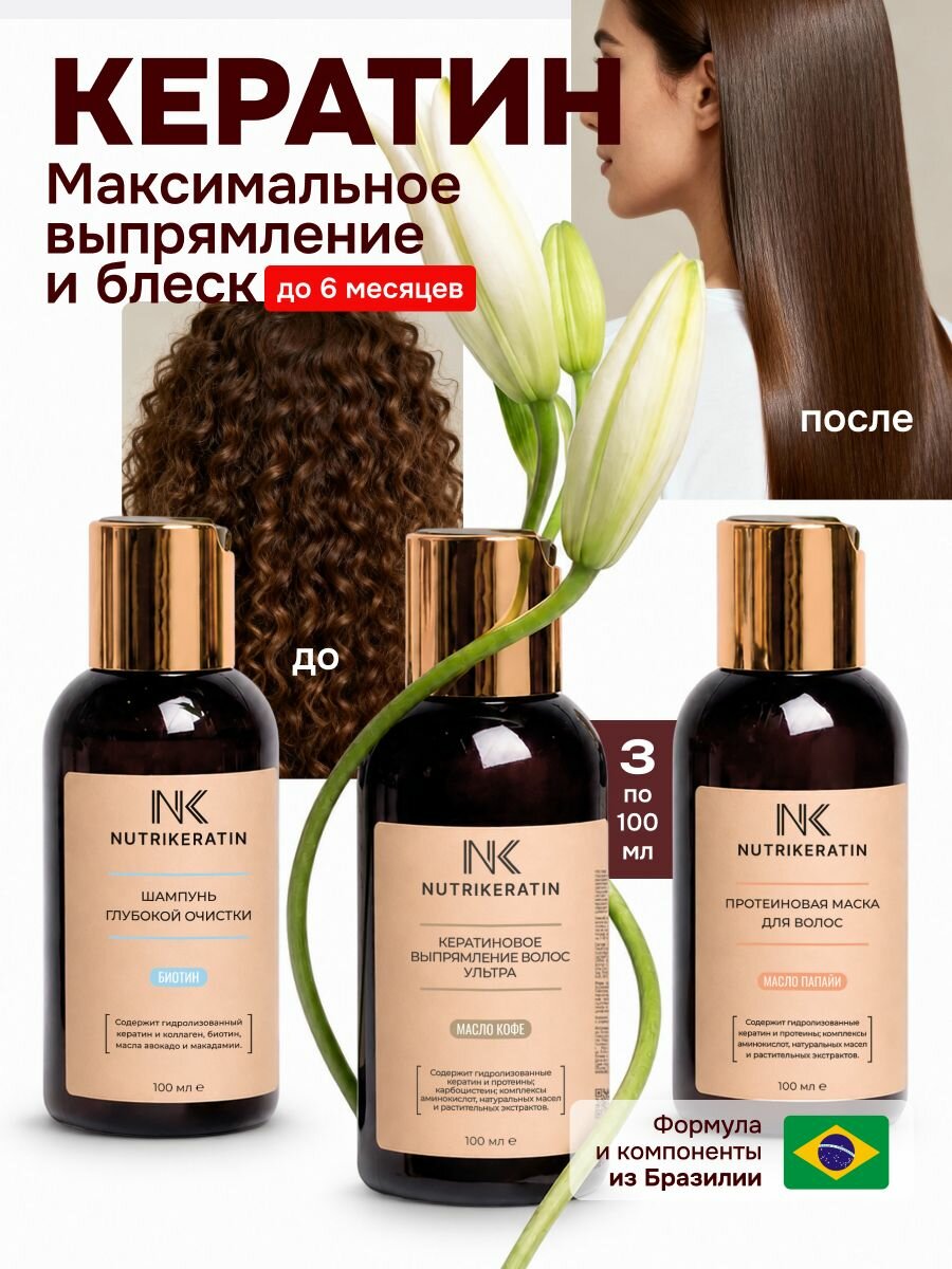 Кератин для волос профессиональный набор для кератинового выпрямления Nutrikeratin, 3 по 100 мл