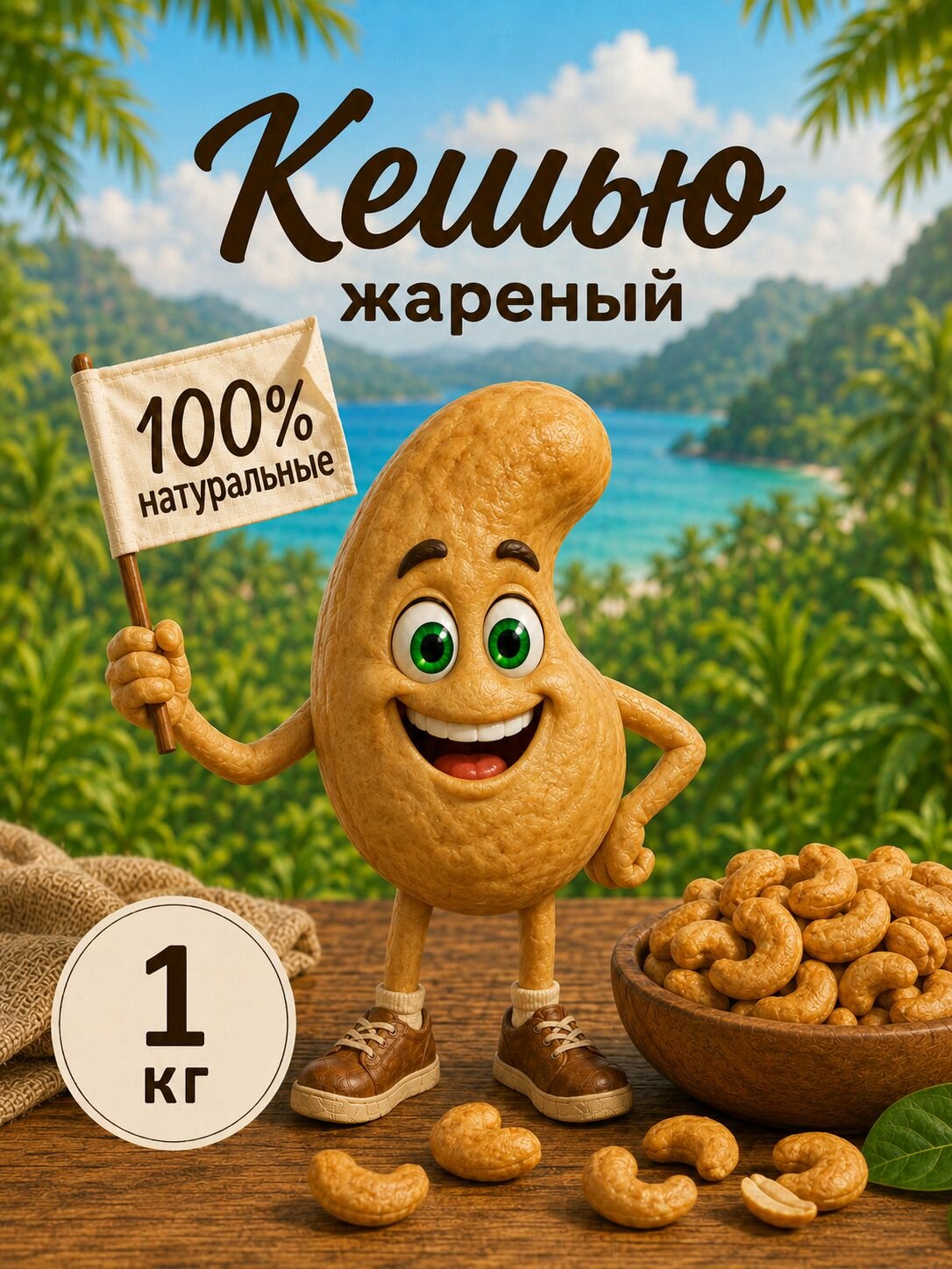 Кешью жареный, 1 кг - орехи натуральные очищенные, без соли и сахара, для перекуса, выпечки и салатов