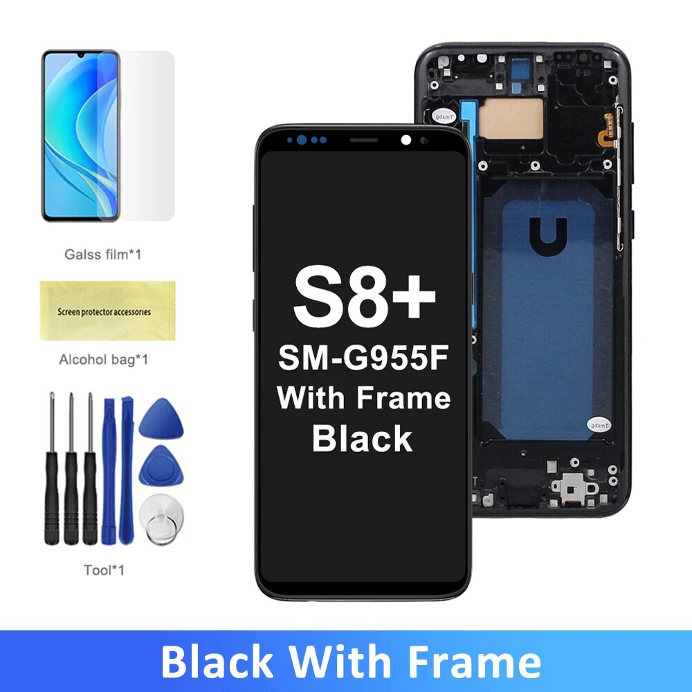 Замена экрана S8 Plus, протестировано для Samsung S8+ G955A G955 G955N G955F, Black With Frame