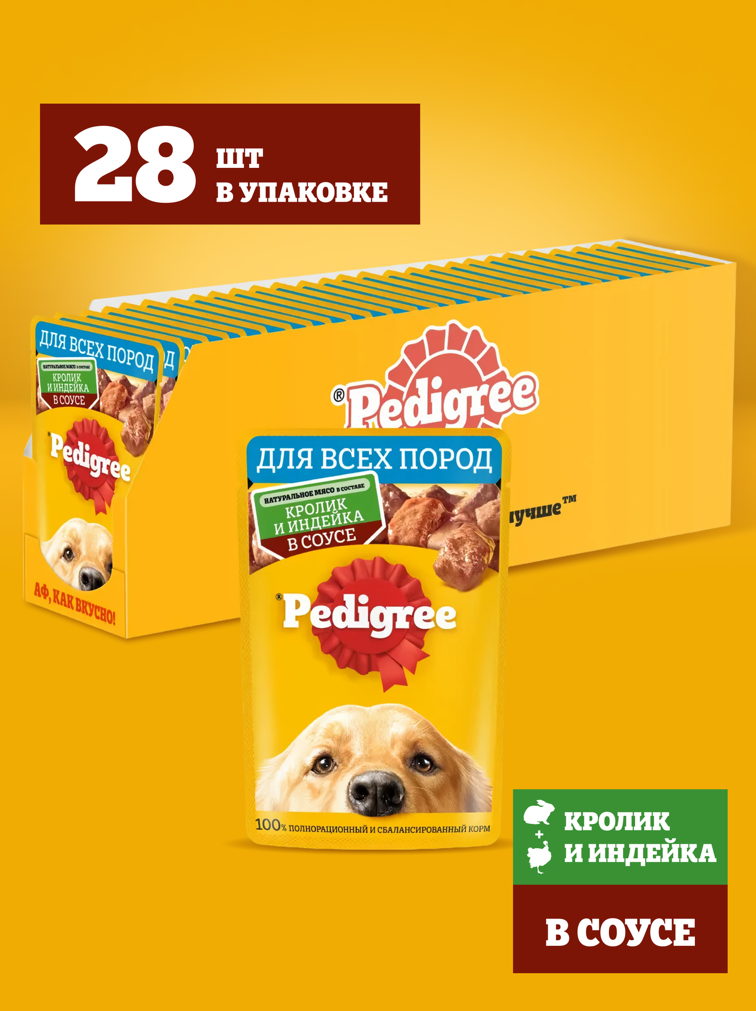 Влажный корм PEDIGREE для взрослых собак всех пород, с кроликом и индейкой в соусе, 28 шт по 85 г
