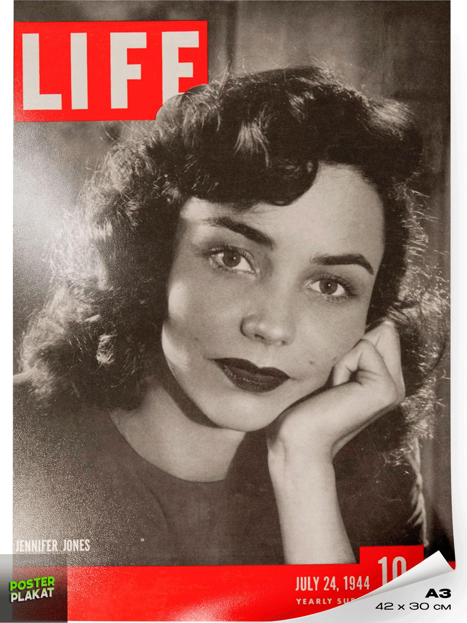 Постер Дженнифер Джонс (Jennifer Jones), обложка журнала LIFE, винтажный плакат на стену для интерьера, для дома и офиса, А3 (420х297 мм), ПП