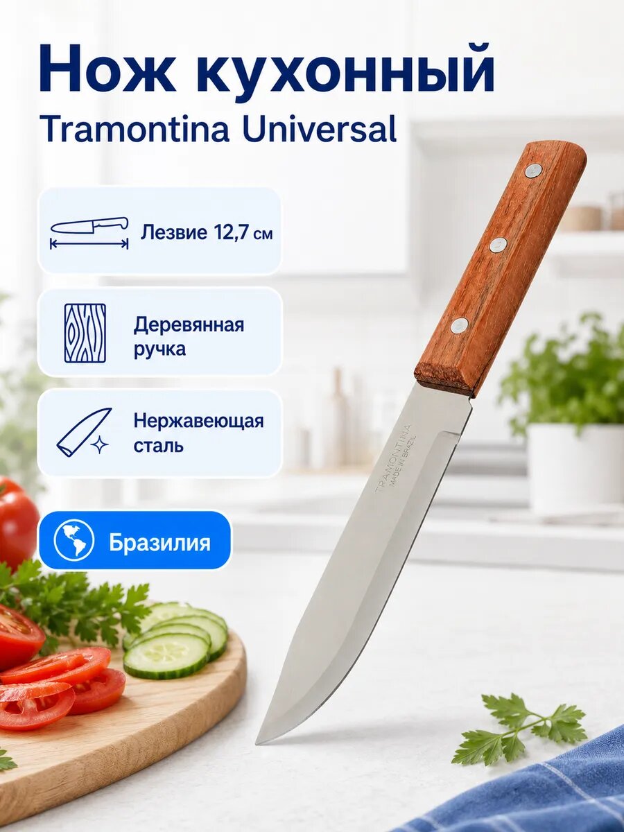 Нож кухонный Tramontina Universal 12.7см, нержавеющая сталь, дерево 22901/005
