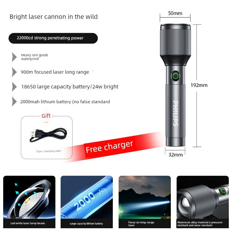 Фонарь Philips, мощный свет, ультраяркий, дальнобойный, долговечный, многофункциональный, компактный, портативный,