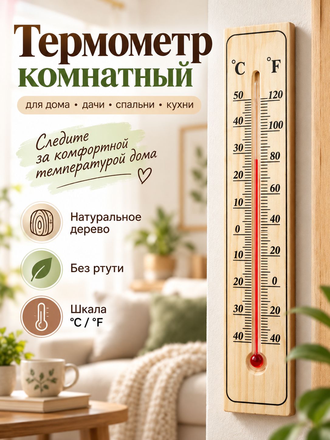 Термометр для улицы и помещений деревянный