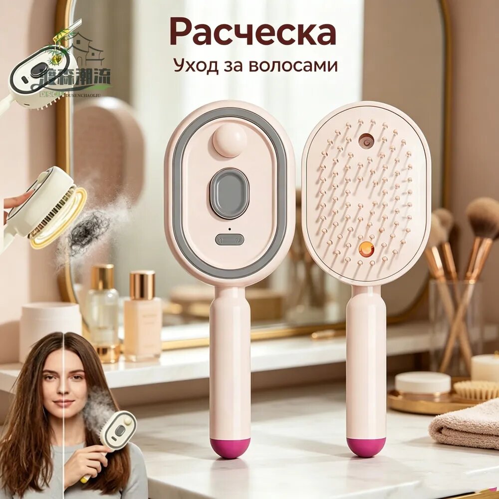 Электрический массажный гребень с распылением, для ухода маслами, антистатический, красным светом, розовый
