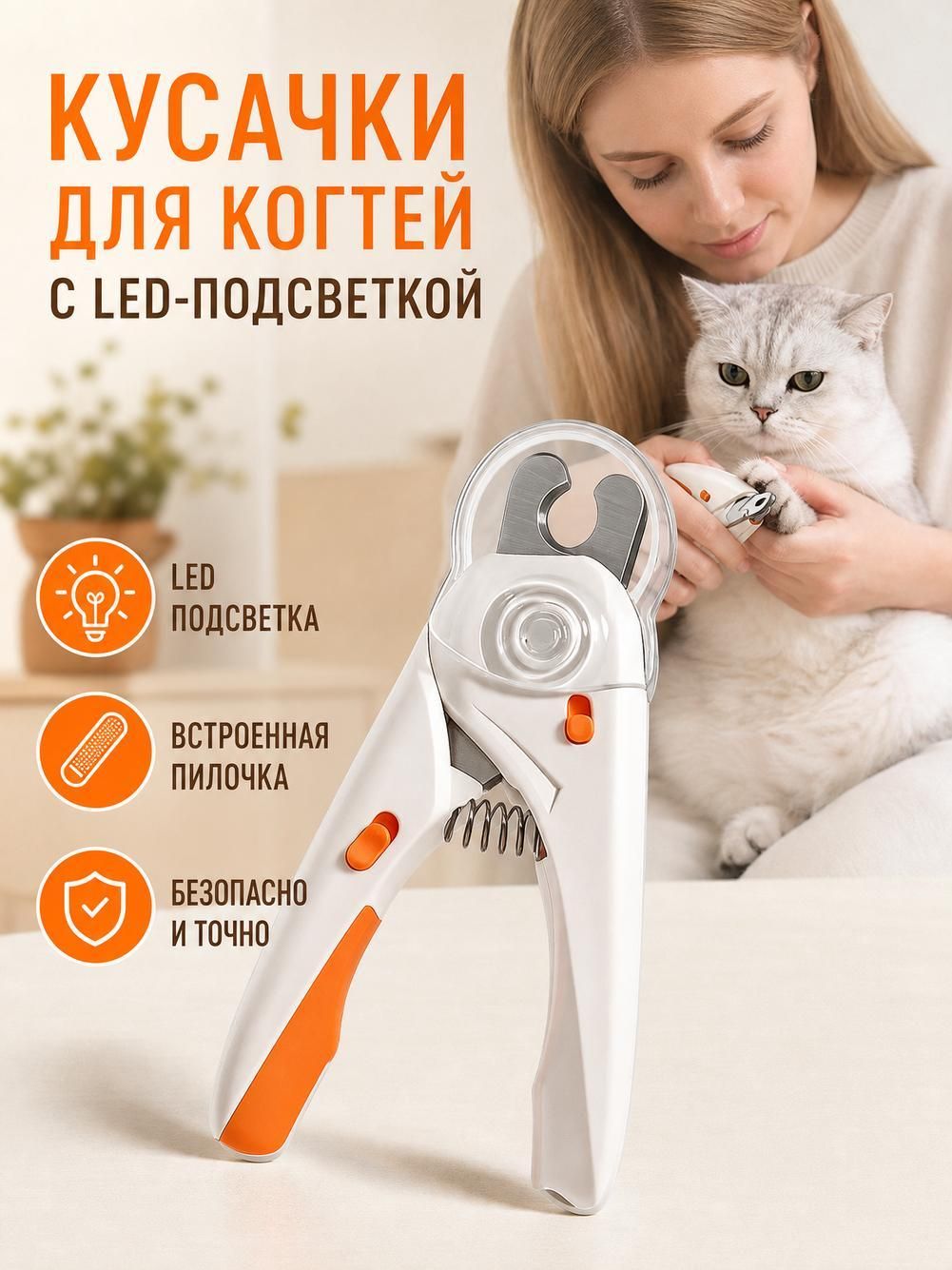 Когтерез для кошек и собак мелких и средних пород / Кусачки для стрижки когтей с подсветкой