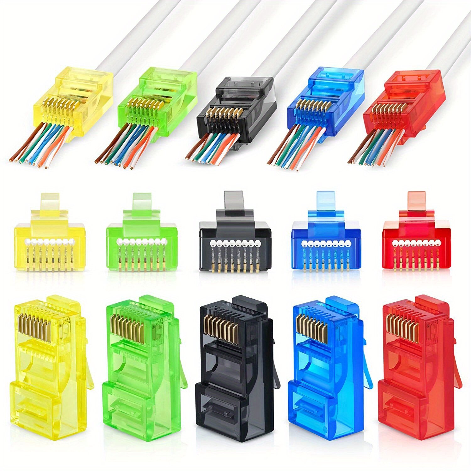 Коннекторы RJ45 Cat6 проходные, 50 шт, смешанные цвета, для обжима сплошного или многожильного сетевого кабеля UTP