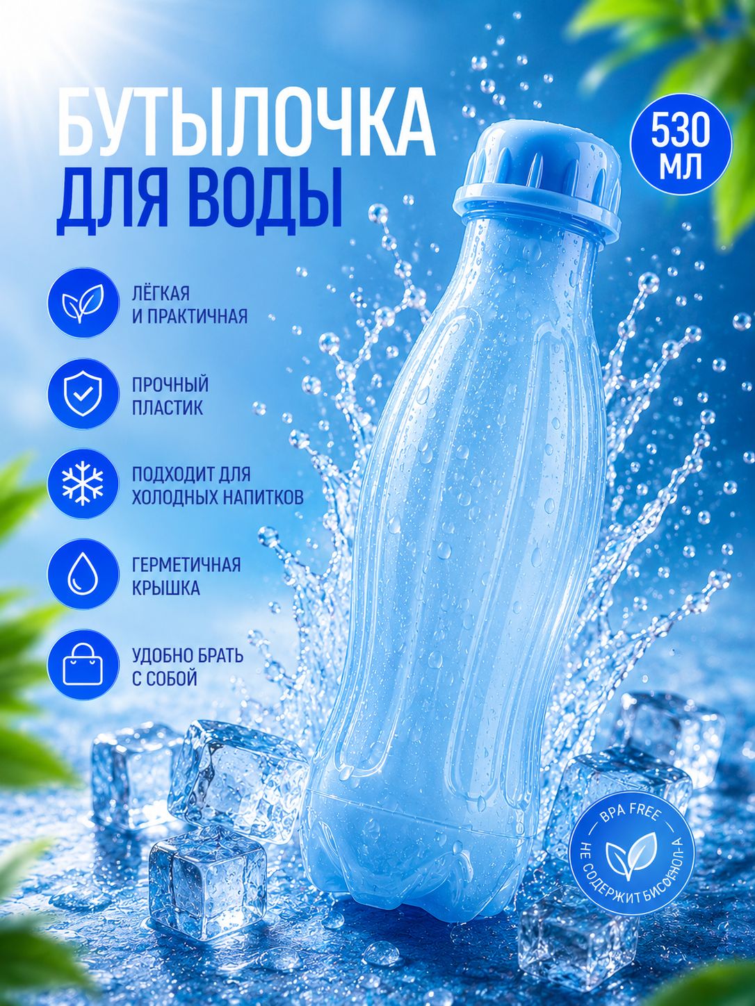 Бутылка для воды с винтовой крышкой Спортивная для детей и взрослых 530 мл