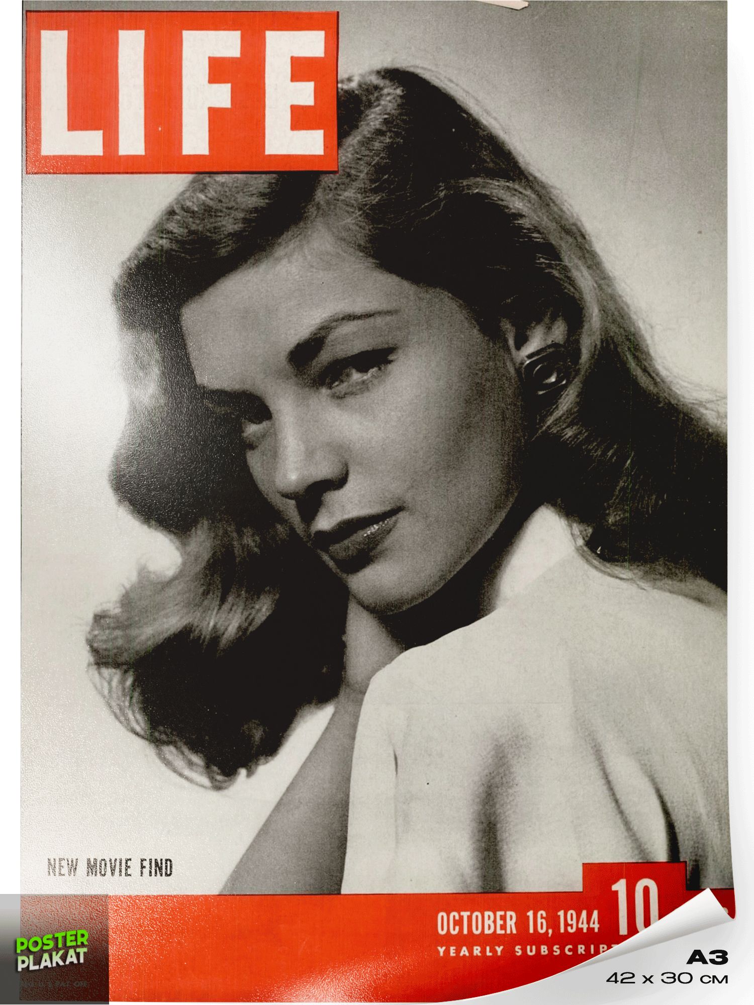 Постер LIFE, Лорен Бэколл (Lauren Bacall), ранний портрет актрисы, винтажный плакат на стену для интерьера, для дома и офиса, А3 (420х297 мм), ПП