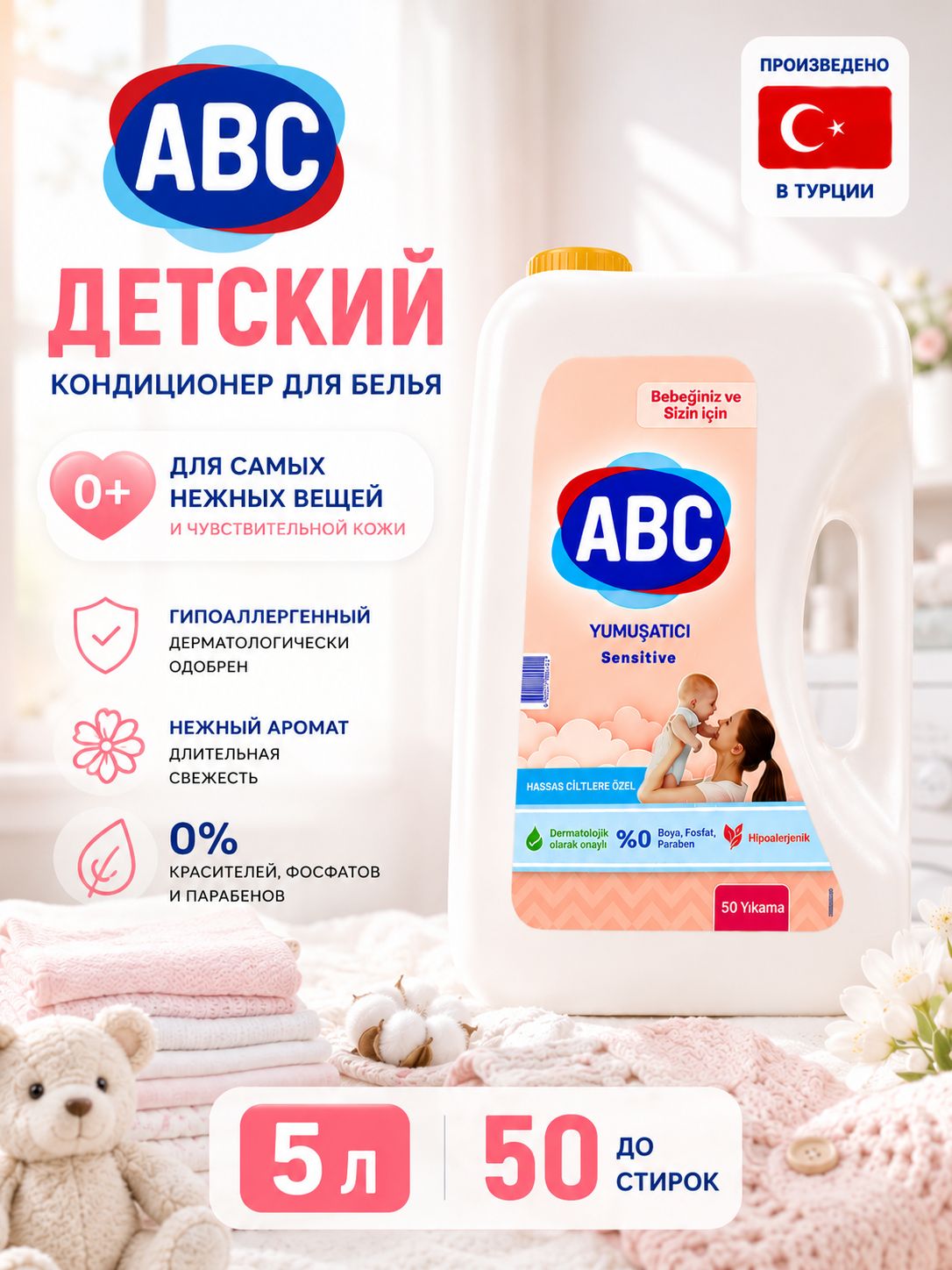 ABC Кондиционер-ополаскиватель для белья Детский 5 л, смягчитель для стирки вещей Парфюмированный концентрат кондиционер для белья ополаскиватель для стирки парфюмированный концентрат
