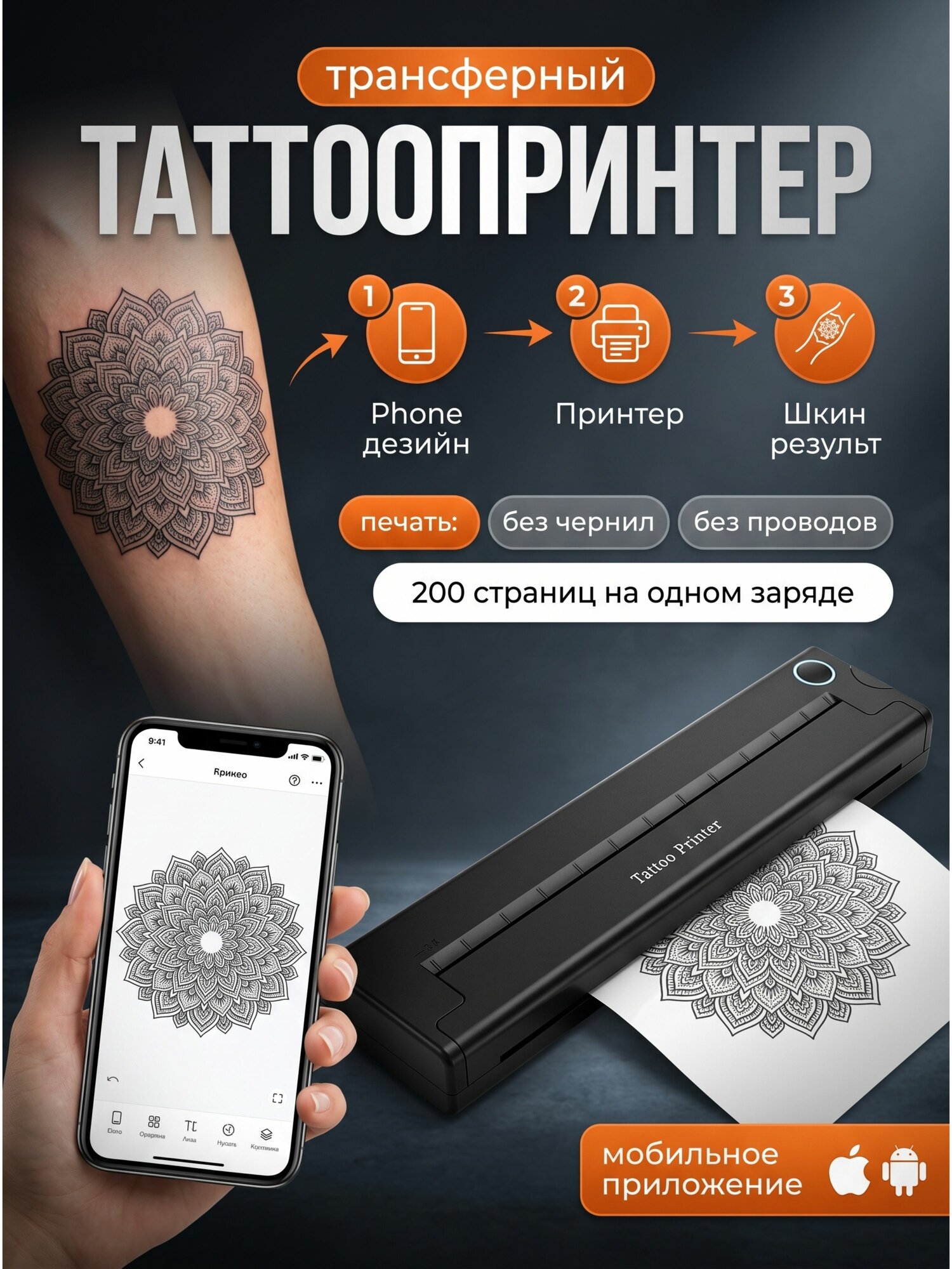 Портативный A4 термопринтер для тату A46S, Bluetooth + USB, 203 dpi, 50 км ресурс, без чернил