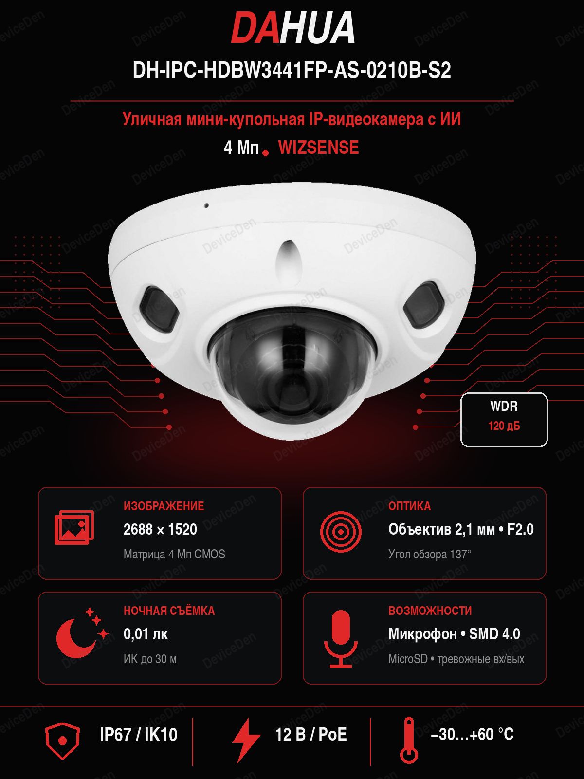 Dahua DH-IPC-HDBW3441FP-AS-0210B-S2 4 Мп уличная купольная IP-камера, ИК-подсветка до 50 м, встроенный микрофон, классификация людей и транспорта, PoE
