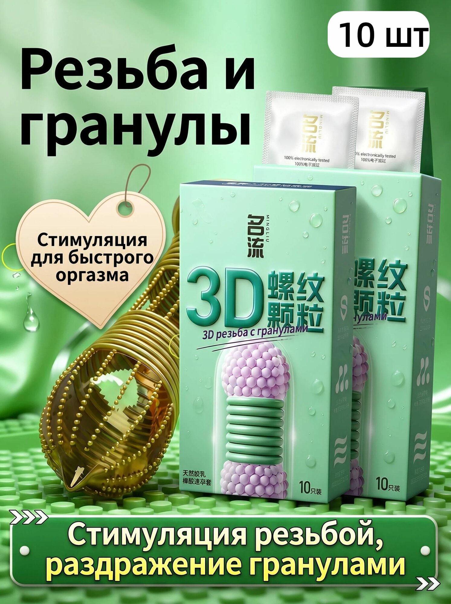 Презервативы MINGLIU 3D ребристые с крупными гранулами, 52мм, натуральный латекс Таиланд, 10 шт