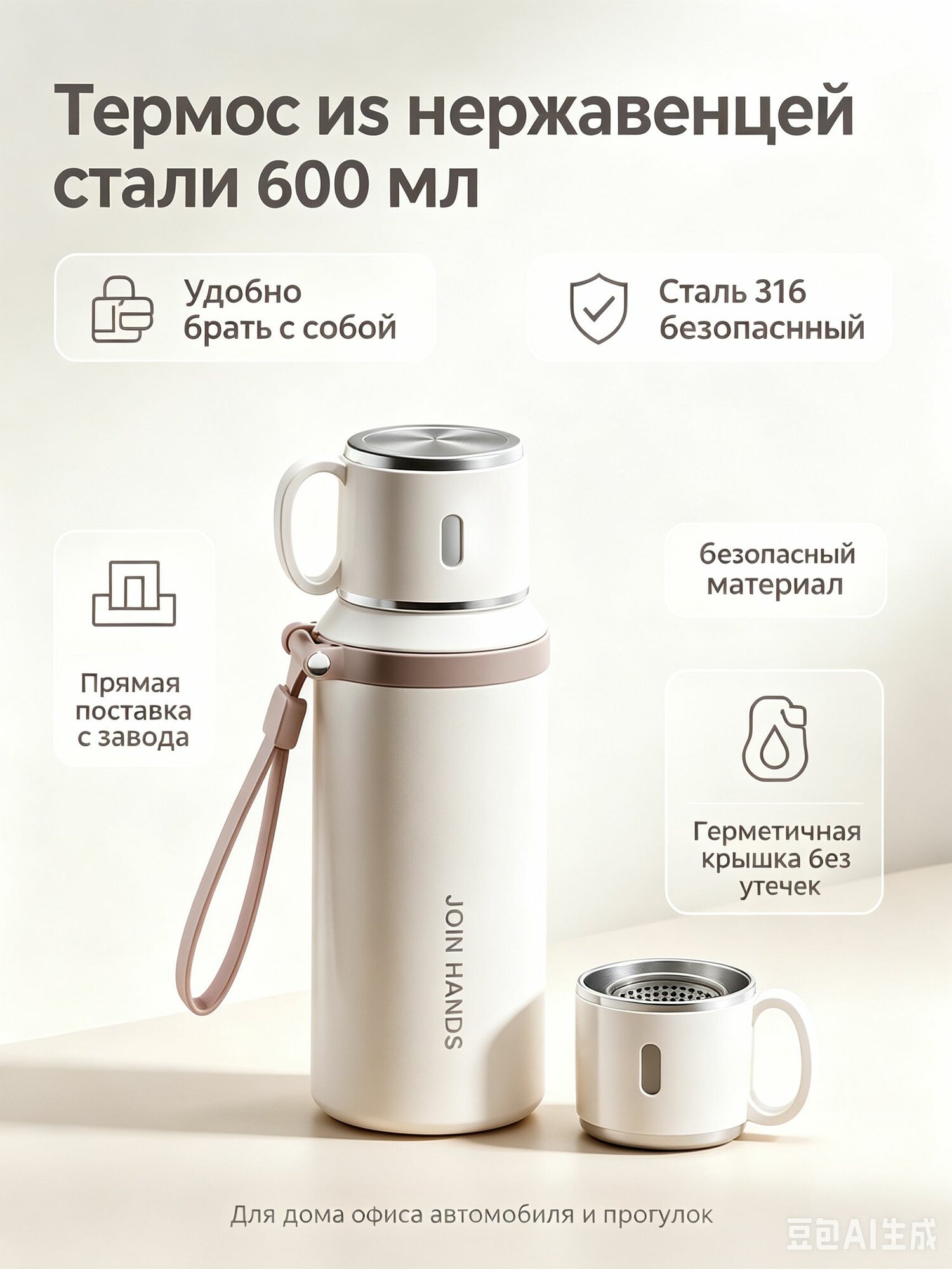 Термос термокружка 600 мл из стали 316 герметичная крышка с ремешком для дома авто офиса прогулок