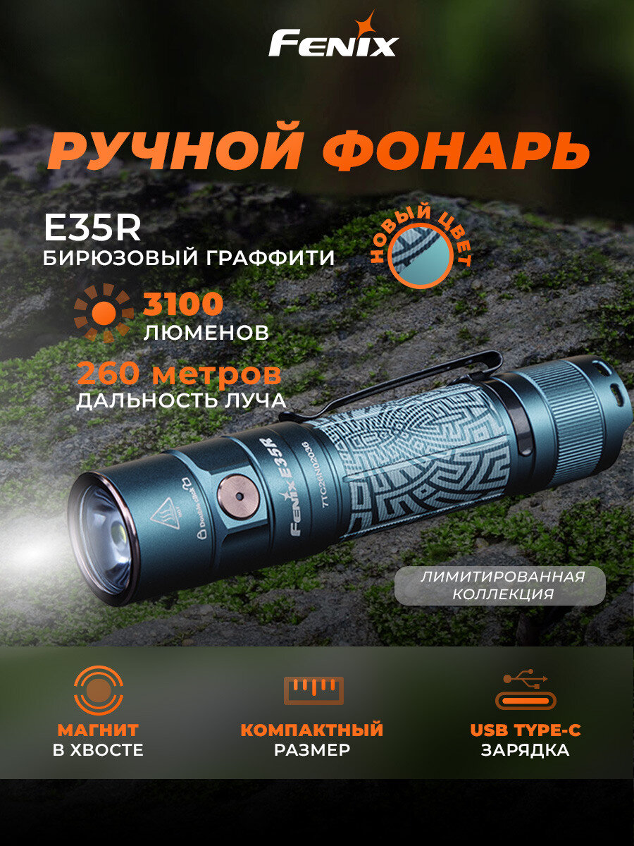 Фонарь Fenix E35R 3100 бирюзовый Lumen EDC/Search 21700