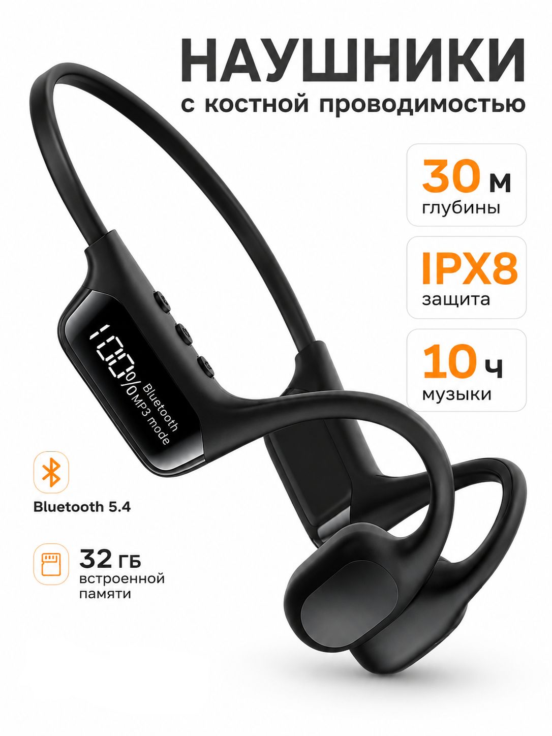Водонепроницаемая мотогарнитура с наушниками и памятью 32 ГБ, черная