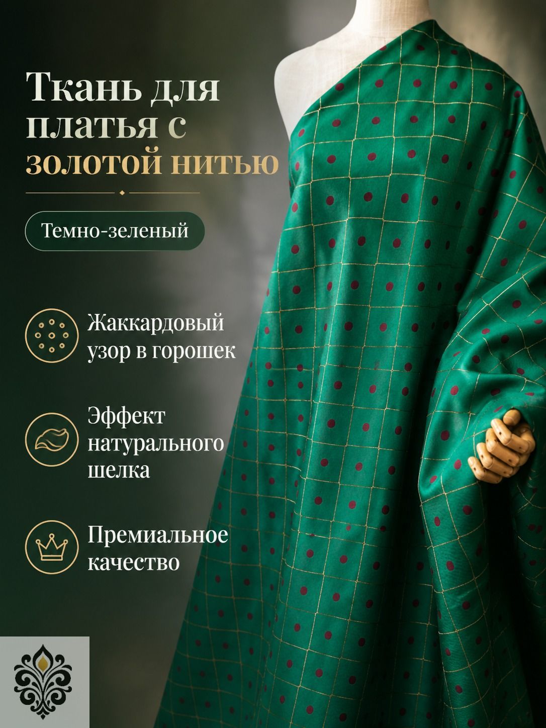 Ткань жаккардовая с золотой нитью и горошком, изумрудно-зеленая, 155 см ширина, для платьев и сумок