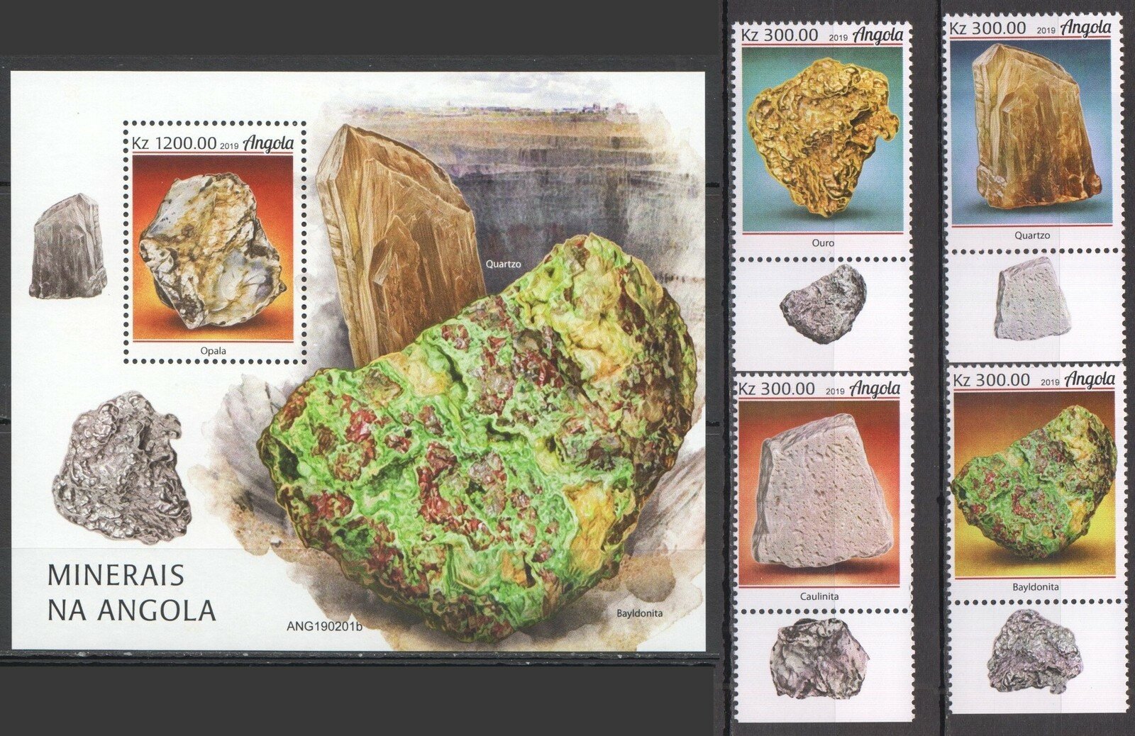 Марки 2019 год Ангола Минералы Кристаллы Природа Геология #2215-2218+Bl208 Mnh