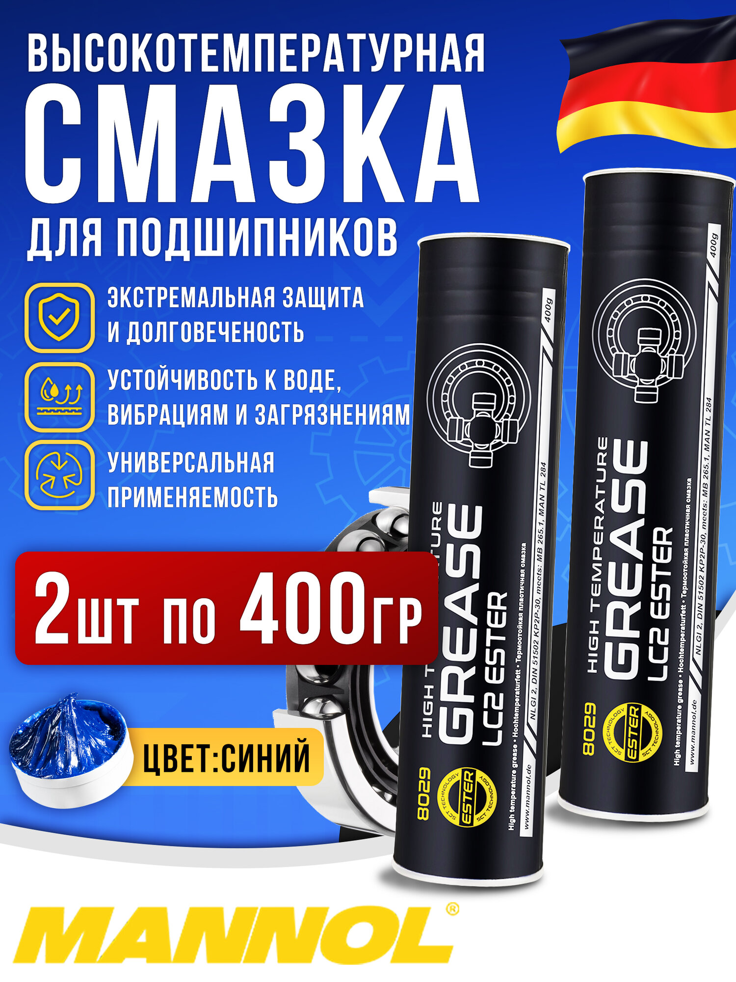 Смазка для подшипников водостойкая универсальная, высокотемпературная, литьевая синяя LC-2 2шт по 400гр MANNOL