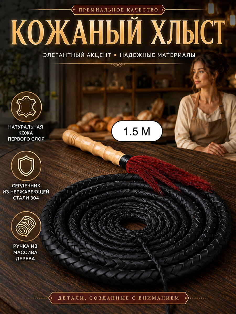 Кожаный хлыст, изготовленный из натуральной кожи с деревянной ручкой и стальным сердечником, используется для тренировок