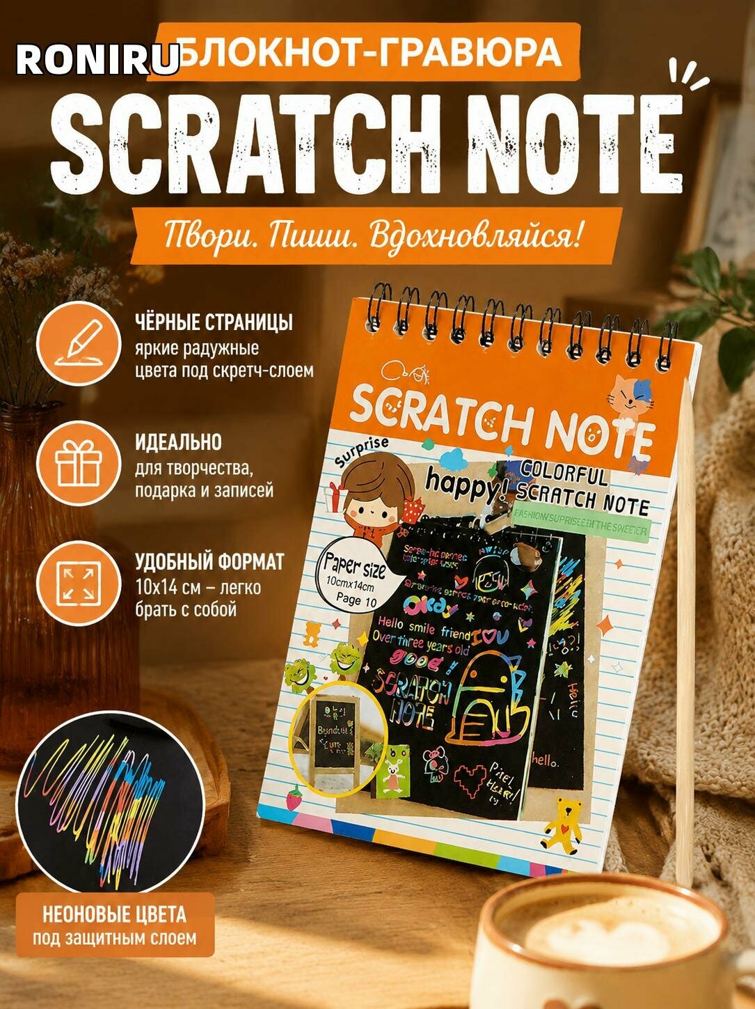 Блокнот-гравюра Scratch note, скретч-блокнот с чёрными листами, оранжевый цвет, для творчества, подарка и записей